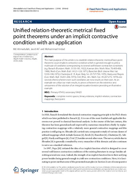 Pdf Unified Relation Theoretic Metrical Fixed Point Theorems Under An Implicit Contractive