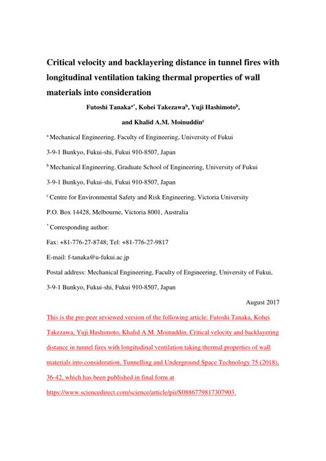Pdf Critical Velocity And Backlayering Distance In Tunnel Fires With Longitudinal Ventilation
