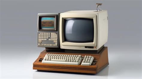 빈티지 회색 배경의 복고풍 오래된 컴퓨터 프리미엄 사진