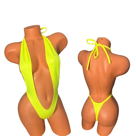 One Piece Thong Slingshot Neon Yellow Sling Bikini Monokini Wet Look