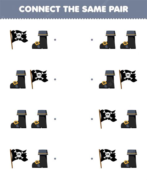 어린이를 위한 교육 게임은 귀여운 만화 깃발과 부팅 쌍 인쇄 가능한 해적 워크시트의 동일한 그림을 연결합니다 프리미엄 벡터