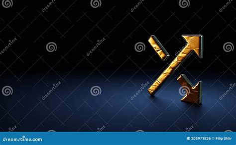 3d Rendering Symbol Of Diagonal Arrows Wrapped In Gold Foil On Dark Blue Background Stock