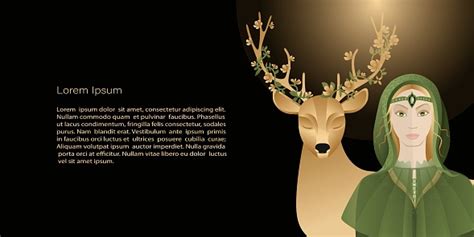 벡터 템플릿 배너 신비와 엘프 테마 엘프 소녀 뿔에 꽃 사슴 복사 공간 장식을위한 그라데이션블랙 그린 및 골드 색상 검은색에 대한 스톡 벡터 아트 및 기타 이미지 Istock