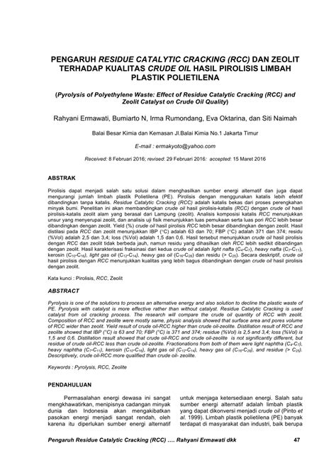 Pdf Pengaruh Residue Catalytic Cracking Rcc Dan Zeolit Terhadap Kualitas Crude Oil Hasil
