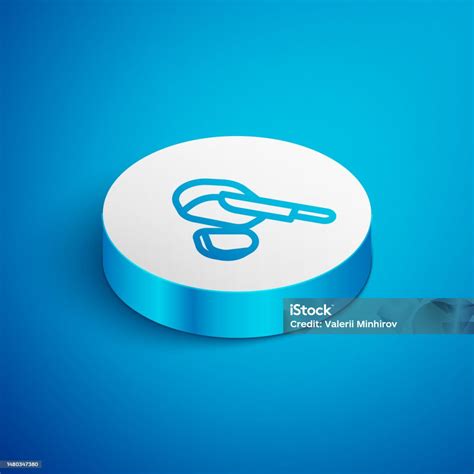 아이소메트릭 라인 캐나다 피밀 베이컨 아이콘은 파란색 배경에 격리되어 있습니다 흰색 원 버튼 벡터 3차원 형태에 대한 스톡 벡터