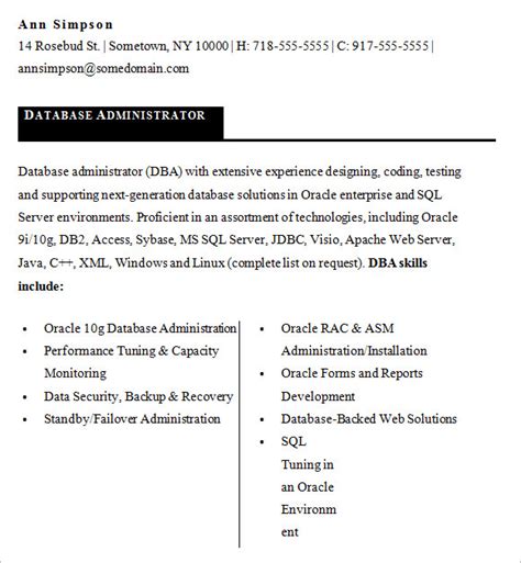 free 9 sample database administrator resume templates in ms word pdf
