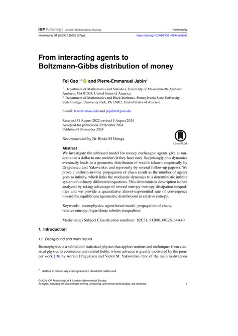 From Interacting Agents To Boltzmann Gibbs Distribution Of Money Request Pdf