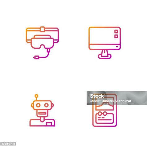 세트 라인 카드 게임 로봇 가상 현실 안경 및 컴퓨터 모니터 화면 그라데이션 색상 아이콘입니다 벡터 Lcd에 대한 스톡 벡터 아트 및 기타 이미지 Istock