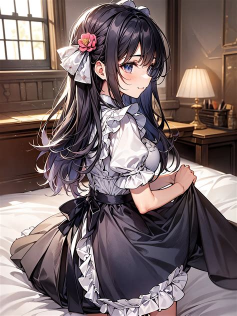 Anime Girl In Maid Outfit Sitting On A Bed With A Lamp Seaart Ai