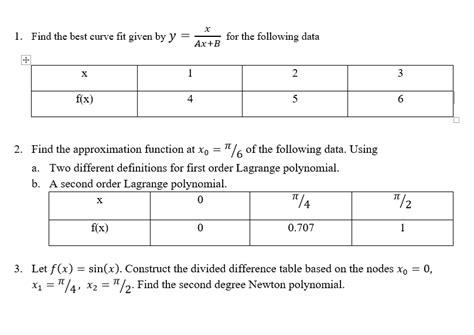 Solved х 1 Find The Best Curve Fit Given By Y For The