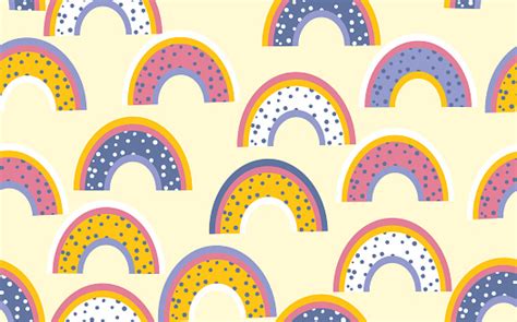 컬러 배경에 다채로운 무지개와 트렌디 한 원활 한 패턴 초대 포스터 카드 직물 직물 직물 직물을위한 디자인 아기를위한 귀여운 휴일 일러스트 스칸디나비아 낙서 스타일 0명에