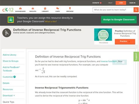 Ck 12 Trigonometry Definition Of Inverse Reciprocal Trig Functions Unit Plan For 10th 12th