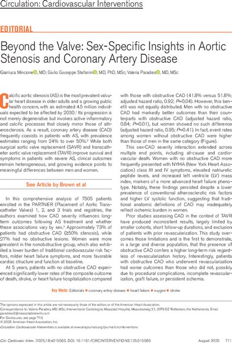 Beyond The Valve Sex Specific Insights In Aortic Stenosis And Coronary Artery Disease