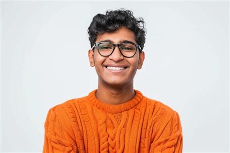 A Smiling Man Wearing An Orange Sweater With Glasses Premium Ai