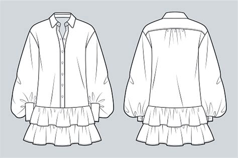 프릴 미니 드레스 테크니컬 패션 일러스트레이션 풍선 소매 드레스 패션 플랫 기술 도면 템플릿 버튼 칼라 커프스 전면 및 후면도 화이트 여성 드레스 Cad 모형 0명에 대한