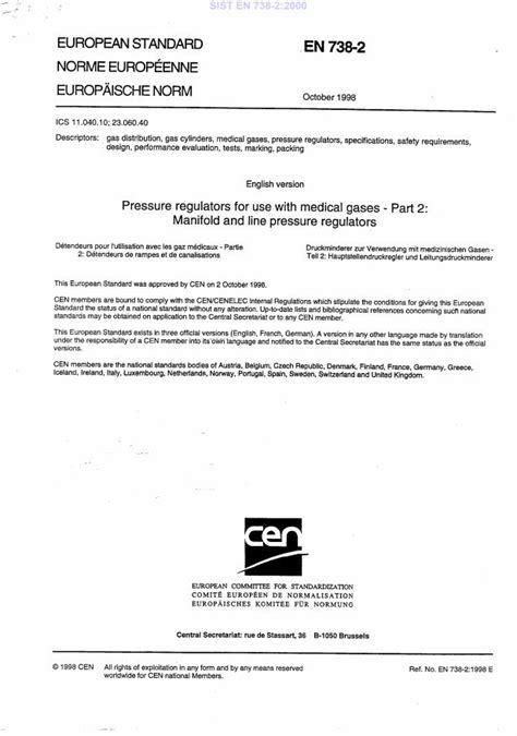 EN 738-2:1998 - Pressure regulators for use with medical gases - Part 2 ...