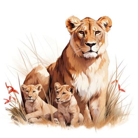 Premium Photo A Lioness And Cubs In The Grass