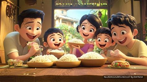 ai创作图幸福一家人动画 糯米场景图 生活场景图吃饭 温馨快乐一家 第一家庭场景还原 动漫全家福 儿插广告 生活成长陪伴团圆 一家四口团聚会餐