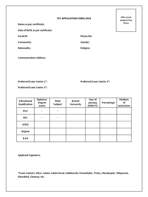Tet Application Form 2019 Affix Recent Passport Size Photo Pdf