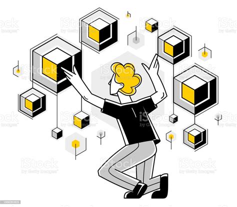 창조적 인 노동자는 어떤 일을하고 어떤 시스템을 만들고 영감을받은 독창적 인 디자이너 또는 엔지니어는 추상 요소 벡터 윤곽선 그림을 작성합니다 가상현실에 대한 스톡 벡터