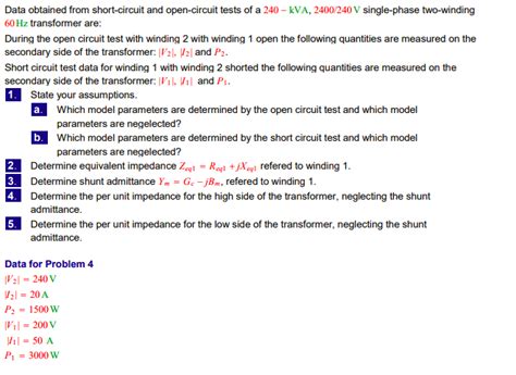 Solved Data Obtained From Short Circuit And Open Circuit