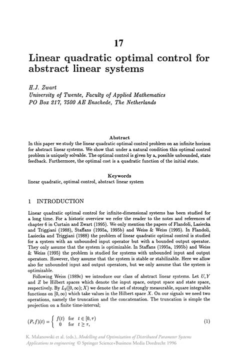 Pdf Linear Quadratic Optimal Control For Abstract Linear Systems