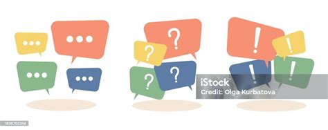 말풍선의 대화 느낌표 물음표 대화와 인용문은 다채로운 요소를 분리했습니다 메시지 또는 댓글 기하학적 풍선 만화 고립 된 벡터 채팅 개념 0명에 대한 스톡 벡터 아트 및 기타