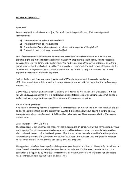 PVL3704 Assignment 1 Memo Unjust Enrichment Analysis Sem 2 2025 Studocu