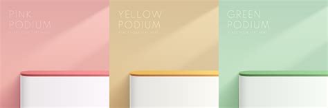 받침대 연단이있는 3d 벡터 추상 스튜디오 룸 세트 옐로우 핑크 그린 화이트 기하학적 플랫폼 컬렉션 디자인 화장품 파스텔 벽 장면 쇼케이스 프로모션 디스플레이 녹색에 대한