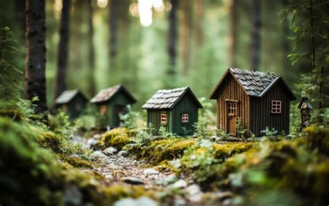 Cluster Of Tiny Houses Nestled In A Lush Forest Setting Premium Ai Generated Image
