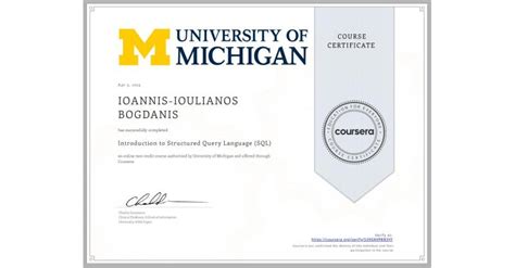 Completion Certificate For Introduction To Structured Query Language Sql John Bogdanis