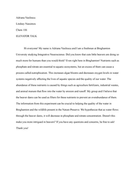 Elevator Talk Adriana Vasilescu Lindsey Nassimos Chem 106 Elevator