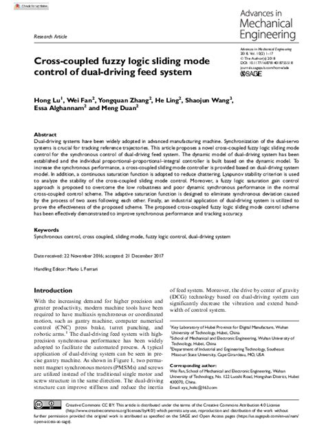 Pdf Cross Coupled Fuzzy Logic Sliding Mode Control Of Dual Driving Feed System