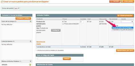 crear pedido en magento para un cliente desde el tablero de