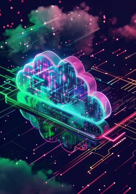 Futuristic Cloud Computing Concept With Neon Lights And Digital Data Visualization In A Modern