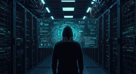 Anonymous Hacker In Data Center With Futuristic Interface Stock Image