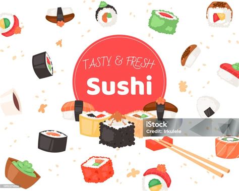 맛있고 신선한 초밥 배너 포스터 벡터 일러스트 레이 션 만화 스타일의 일본 요리 아시아 음식 Wirh 쌀 연어와 날으는 물고기 메뉴를위한 전통적인 국가 요리 초밥에 대한