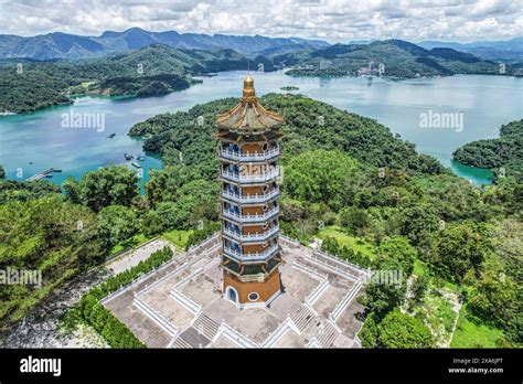 Aerial View Of The Cien Pagoda At The Sun Moon Lake In Taiwan Stock