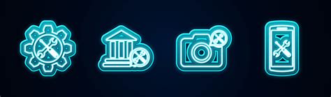 기어 은행 건물 서비스 사진 카메라 및 스마트 폰에 라인 렌치와 드라이버를 설정하십시오 빛나는 네온 아이콘입니다 벡터 Brand Name Smart Phone에 대한 스톡