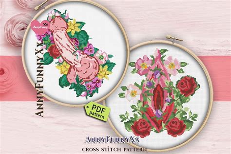 Set Of Sex Cross Stitch Pattern PDF Vulva Penis Art LGBT Couple Erotic Art For Gay Floral