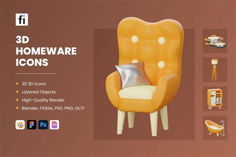 5413 30个漂亮的Blender家居用品3D图标素材包 果觅网gooodme