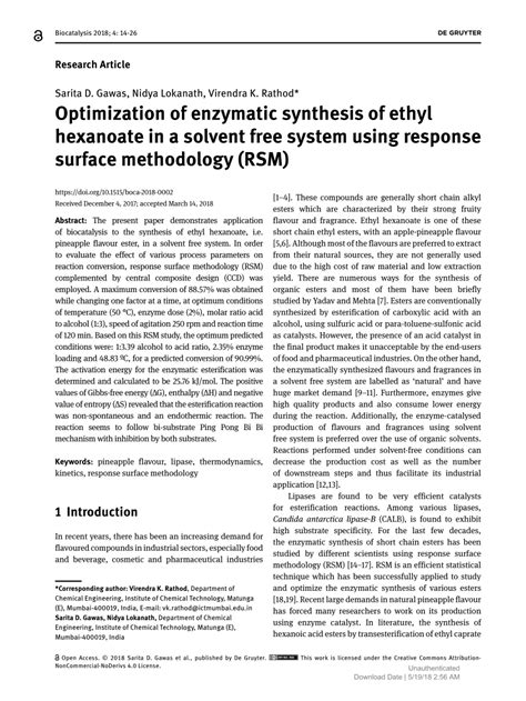 Pdf Optimization Of Enzymatic Synthesis Of Ethyl Hexanoate In A Solvent Free System Using