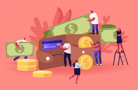 돈이 가득한 거대한 지갑을 돌아다니는 비즈니스 사람들 현금 및 신용 카드 개념 거대한 황금 동전과 통화 지폐를 들고 작은 남성과 여성 문자 만화 플랫 벡터 일러스트 가득