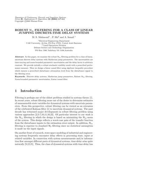 Pdf Robust ℋ∞ Filtering For A Class Of Linear Jumping Discrete Time Delay Systems
