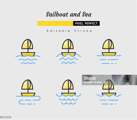 채워진 색상 선 아이콘 기호 세트 범선과 바다 고립 된 평면 벡터 디자인 편집 가능한 스트로크 64 픽셀 완벽한 디지털 디자인 웹 사이트 응용 프로그램 및 물리적 디자인