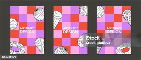 화려한 네오 기하학적 디자인 포스터 세트 체크 무늬 배경에 3d 토러스 원뿔 원통 구체 모양의 컬렉션 복고풍 미래 지향적 인 템플릿 세트는 표지 배너 전단지입니다 벡터 팩