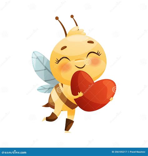 Cute Flushed Bee Character With Striped Yellow Body And Wings Holding Red Heart Vector