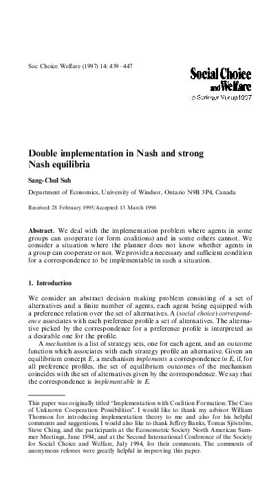 Pdf Double Implementation In Nash And Strong Nash Equilibria