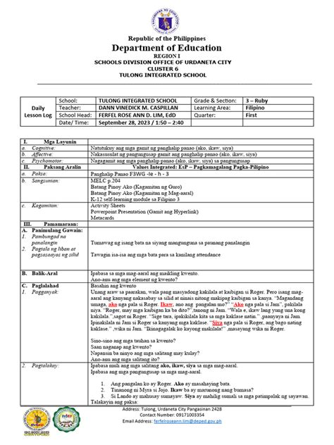 Panghalip Panao Lesson Plan For Grade 3 Pdf