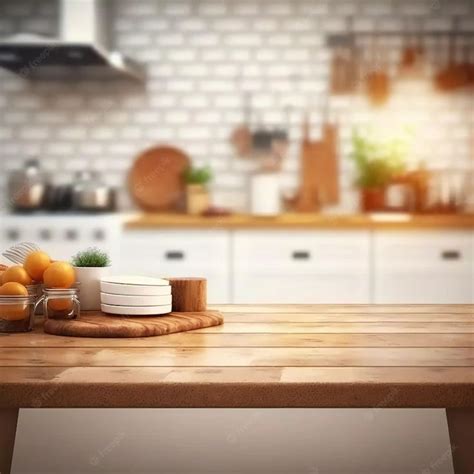 Premium Photo Empty Kitchen Table With Kitchen Background Blurred